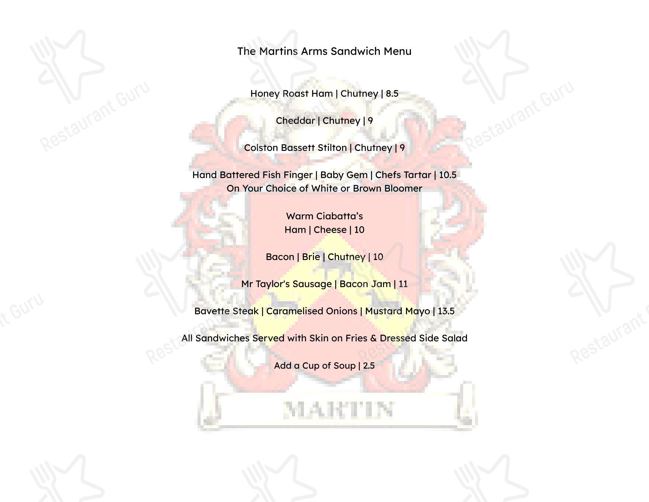 Menu at The Martins Arms pub & bar, Colston Bassett