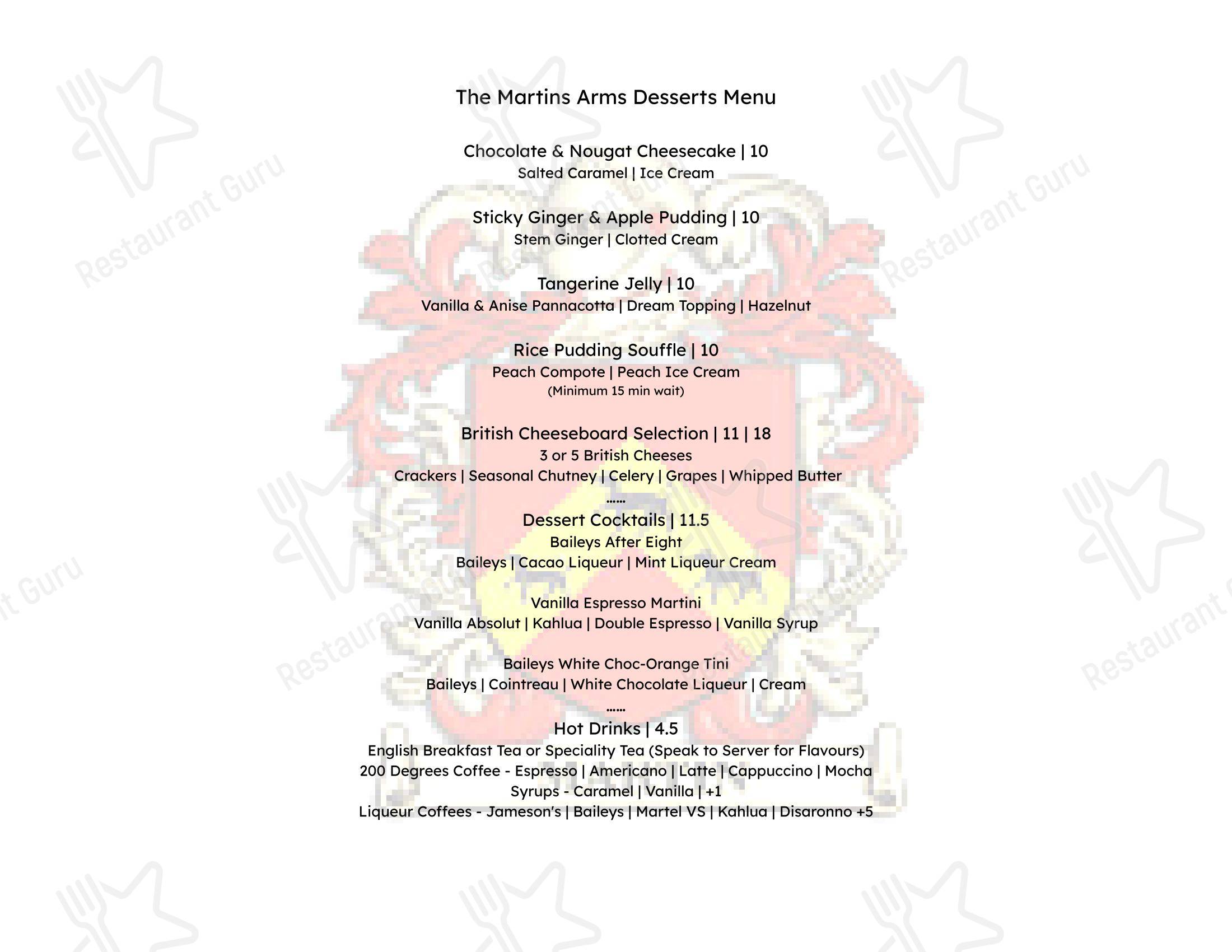 Menu at The Martins Arms pub & bar, Colston Bassett