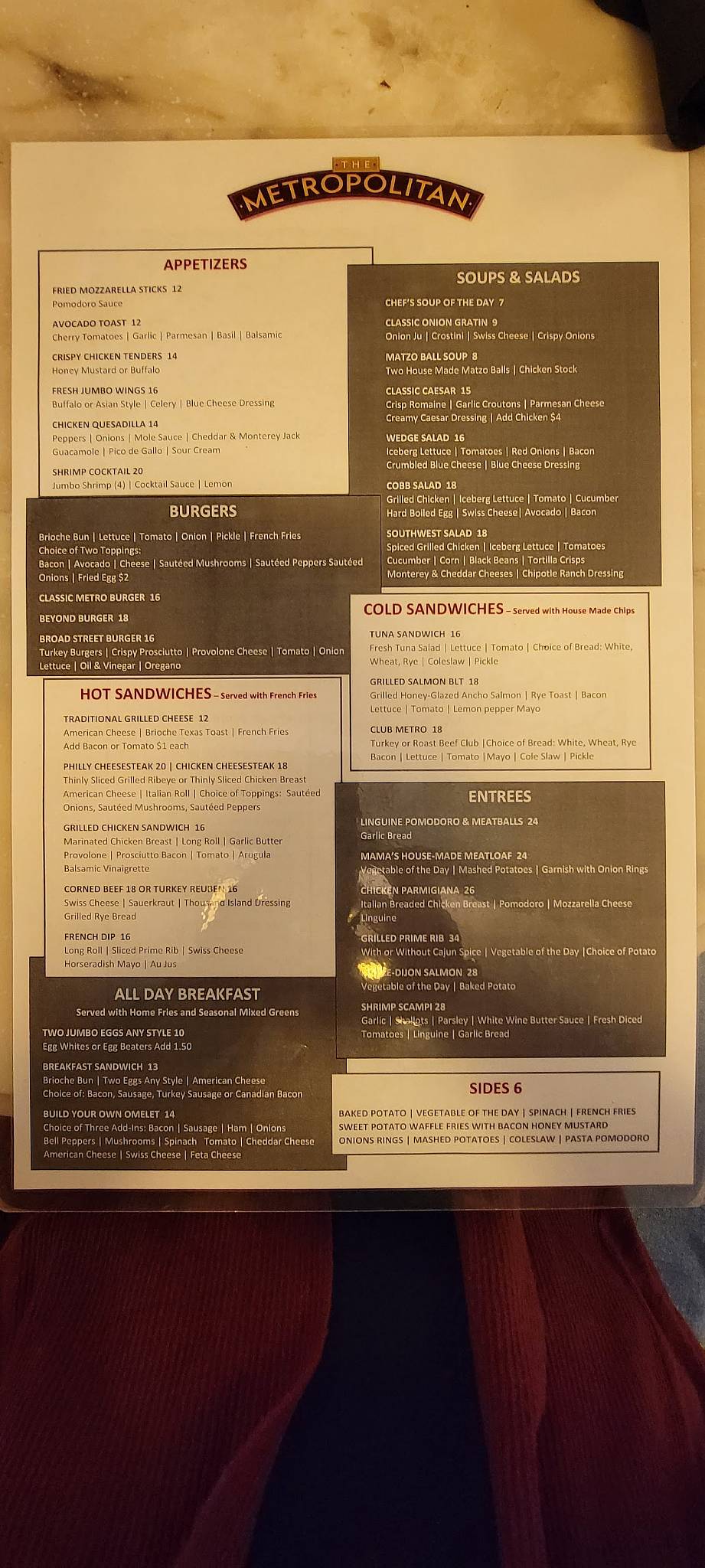 Menu at The Metropolitan restaurant, Atlantic City, Borgata Hotel