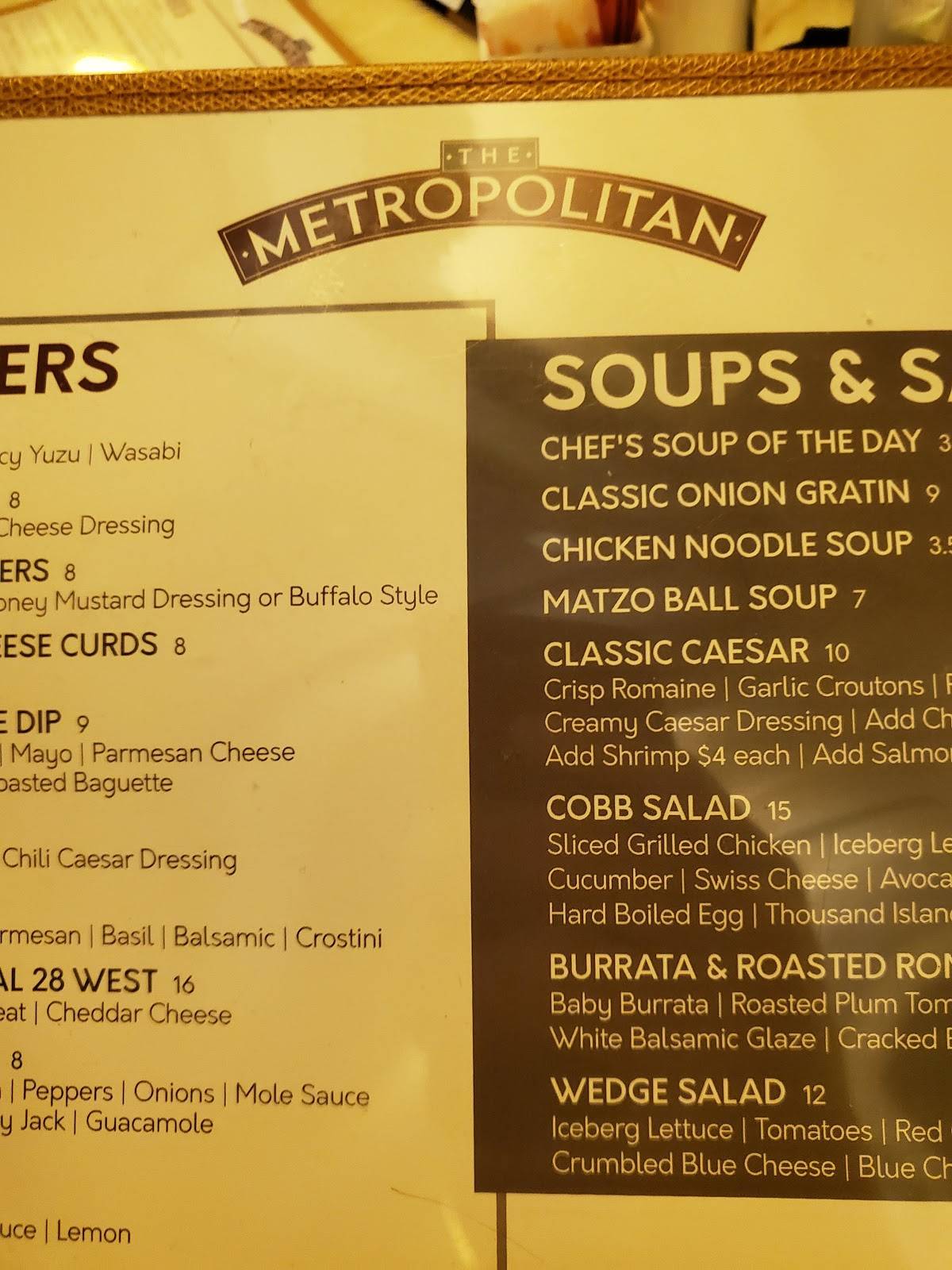 Menu at The Metropolitan restaurant, Atlantic City, Borgata Hotel
