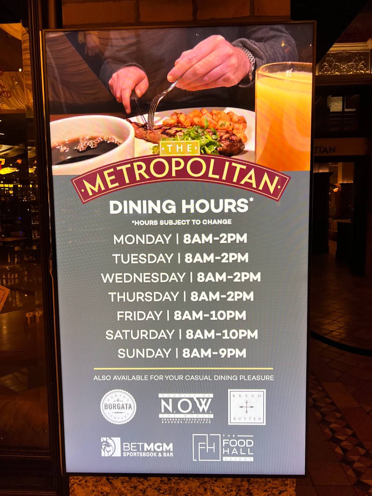 Menu at The Metropolitan restaurant, Atlantic City, Borgata Hotel