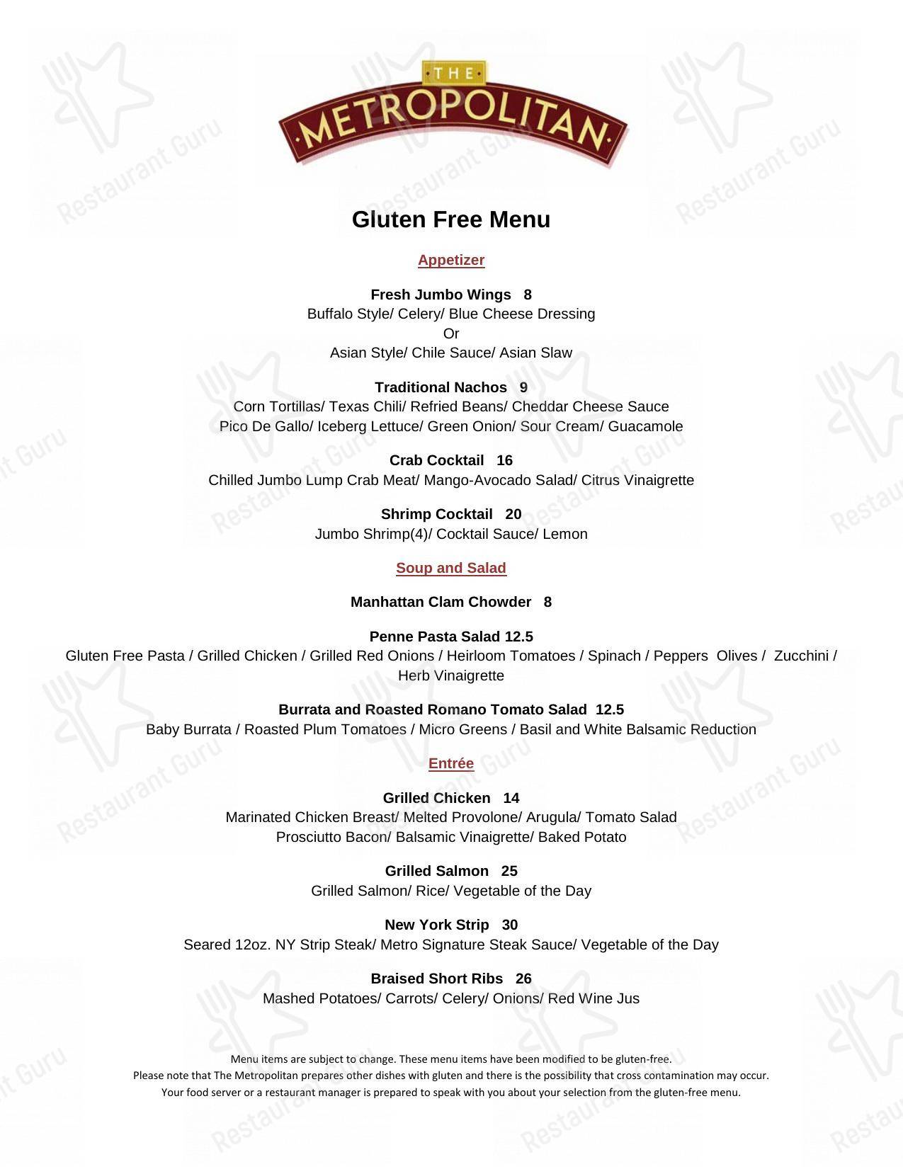 Menu at The Metropolitan restaurant, Atlantic City, Borgata Hotel