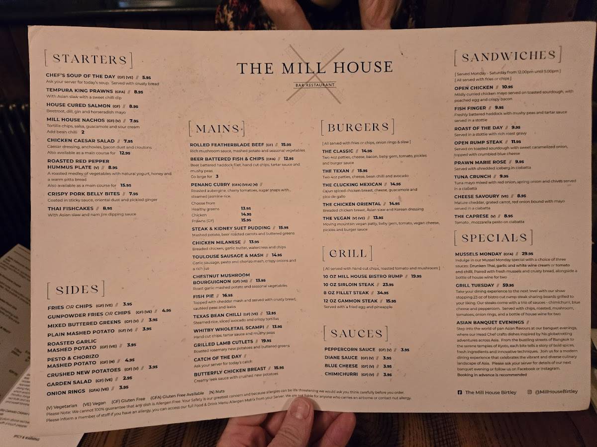 Menu at The Mill House pub & bar, Birtley