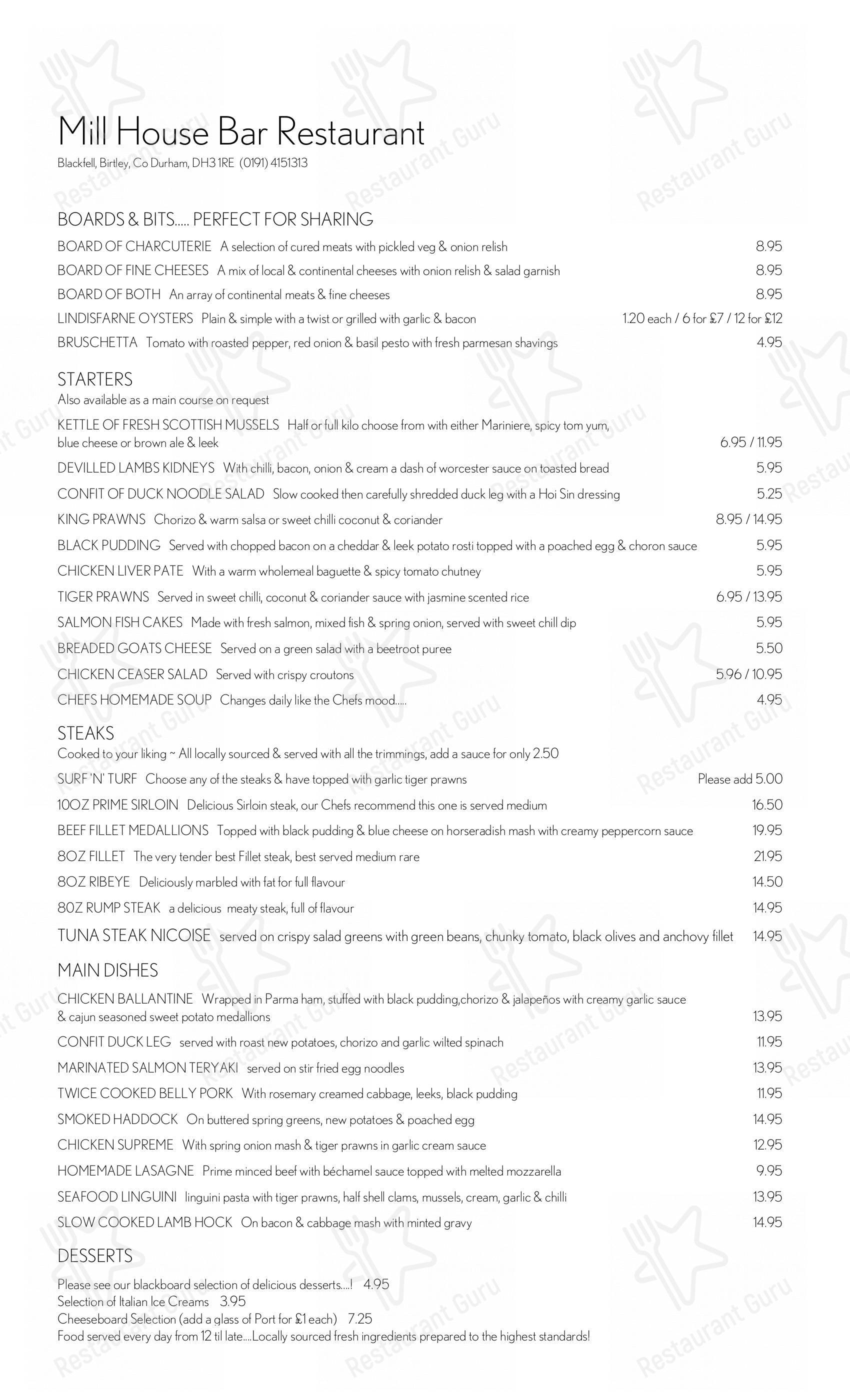 Menu at The Mill House pub & bar, Birtley