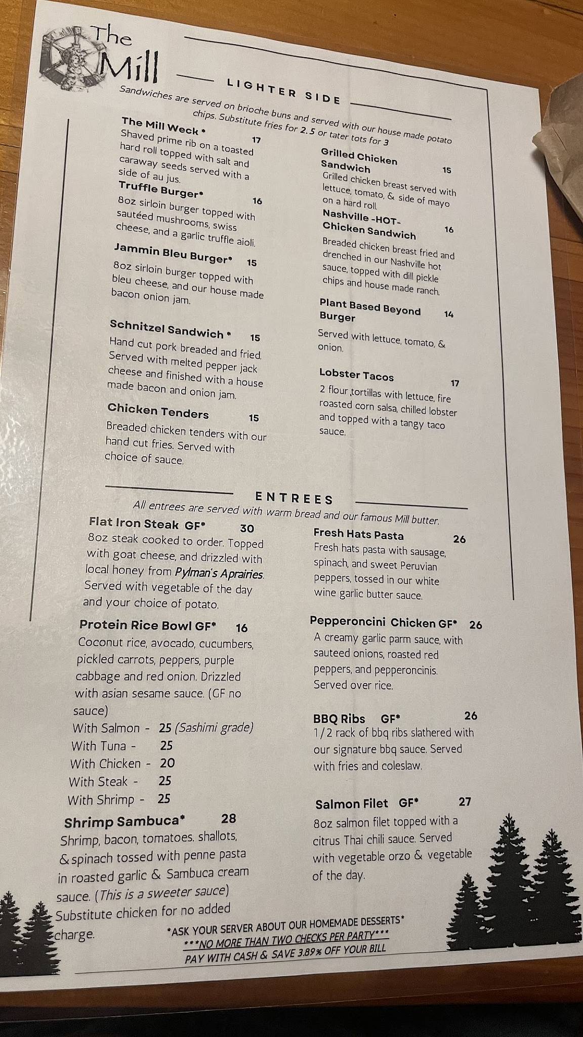 Menu at The Mill restaurant, Old Forge, NY-28