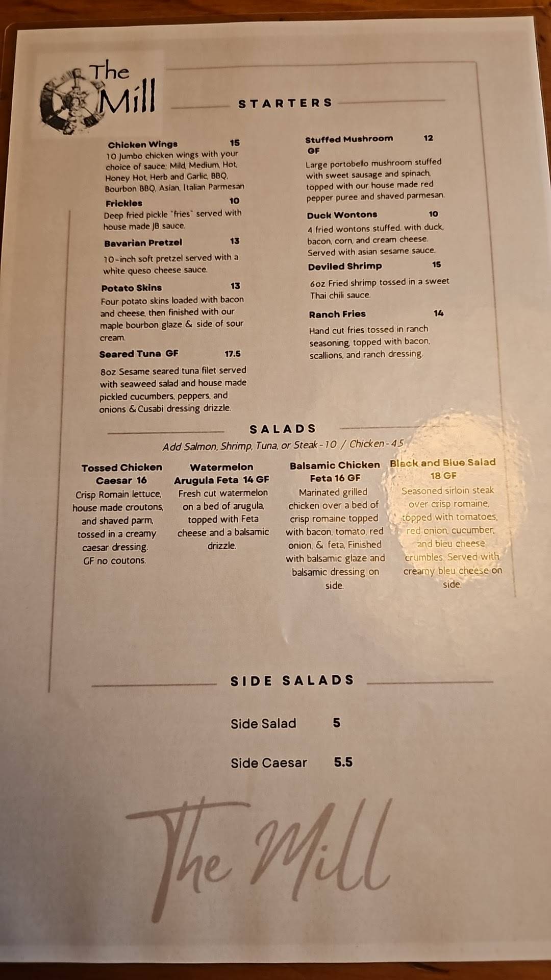 Menu at The Mill restaurant, Old Forge