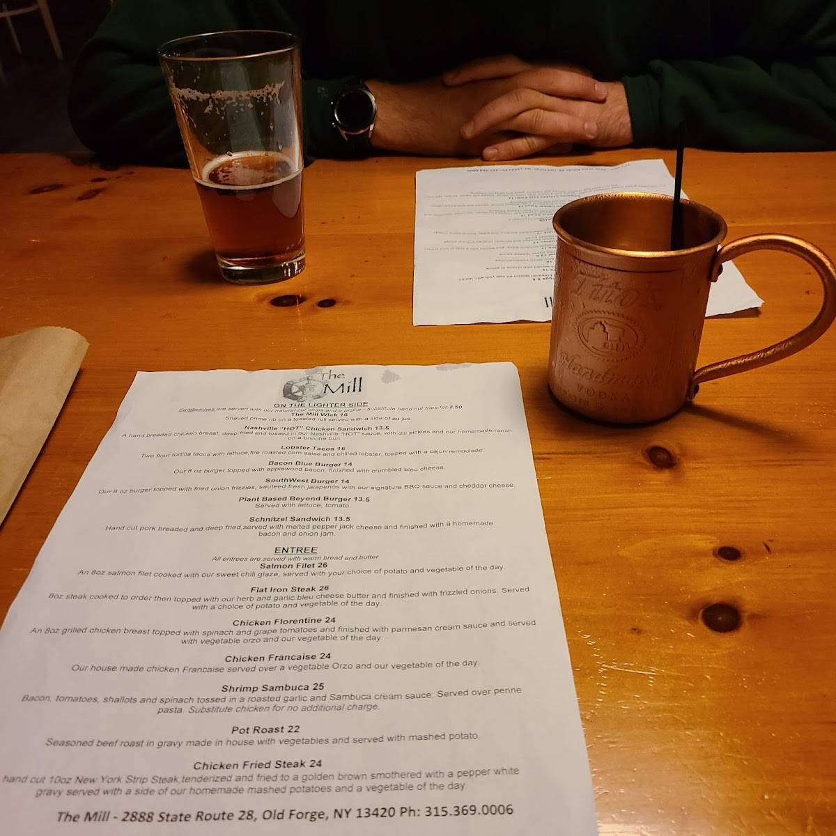 Menu at The Mill restaurant, Old Forge