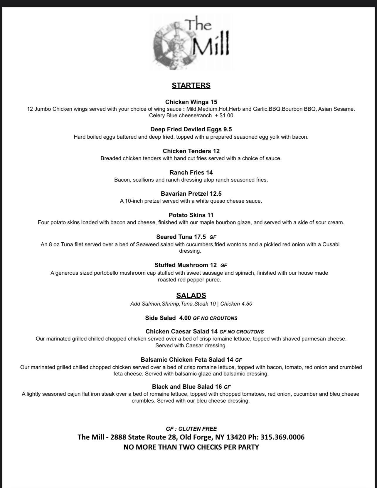 Menu at The Mill restaurant, Old Forge