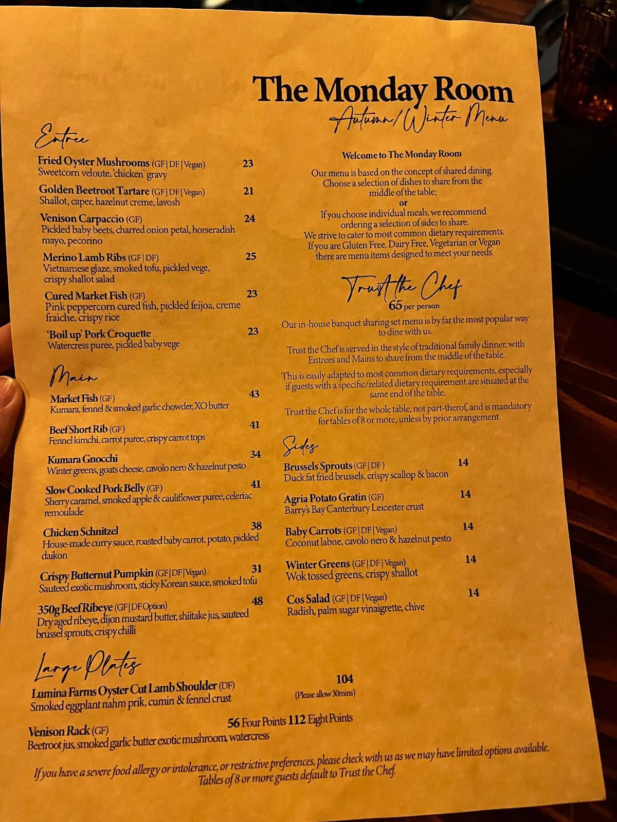 Menu at The Monday Room restaurant, Christchurch, 161 High St