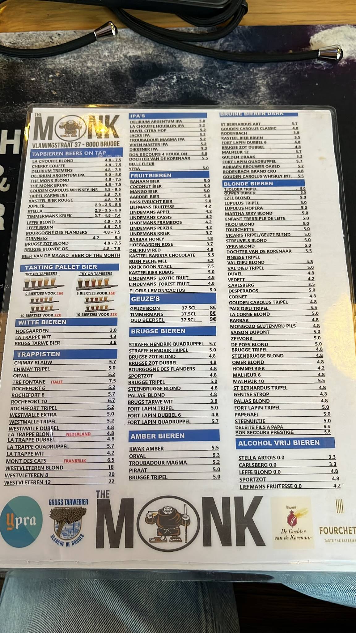 Menu au The Monk, Bruges, Vlamingstraat 37