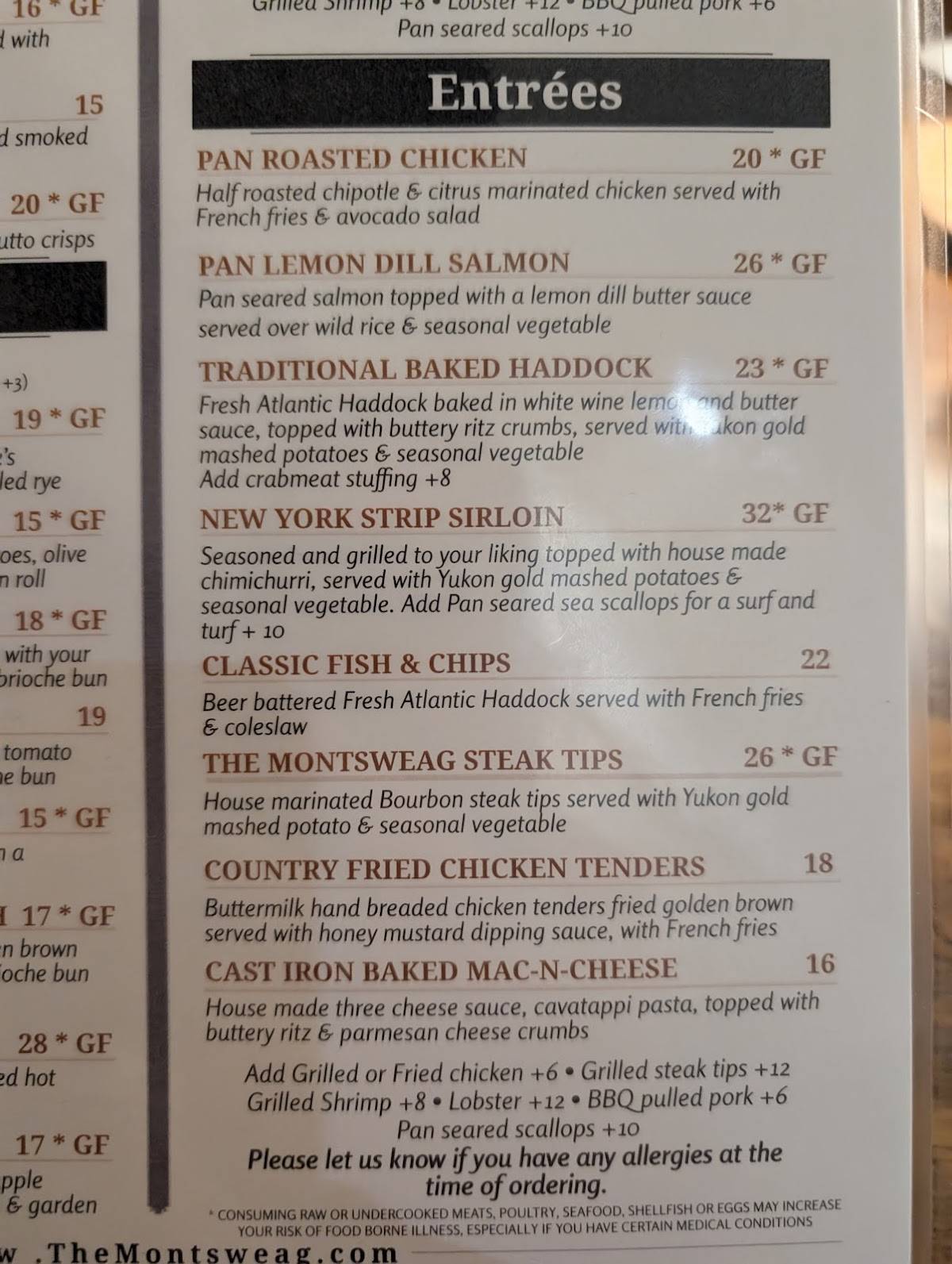 Menu at The Montsweag Restaurant, Woolwich, 942 US-1