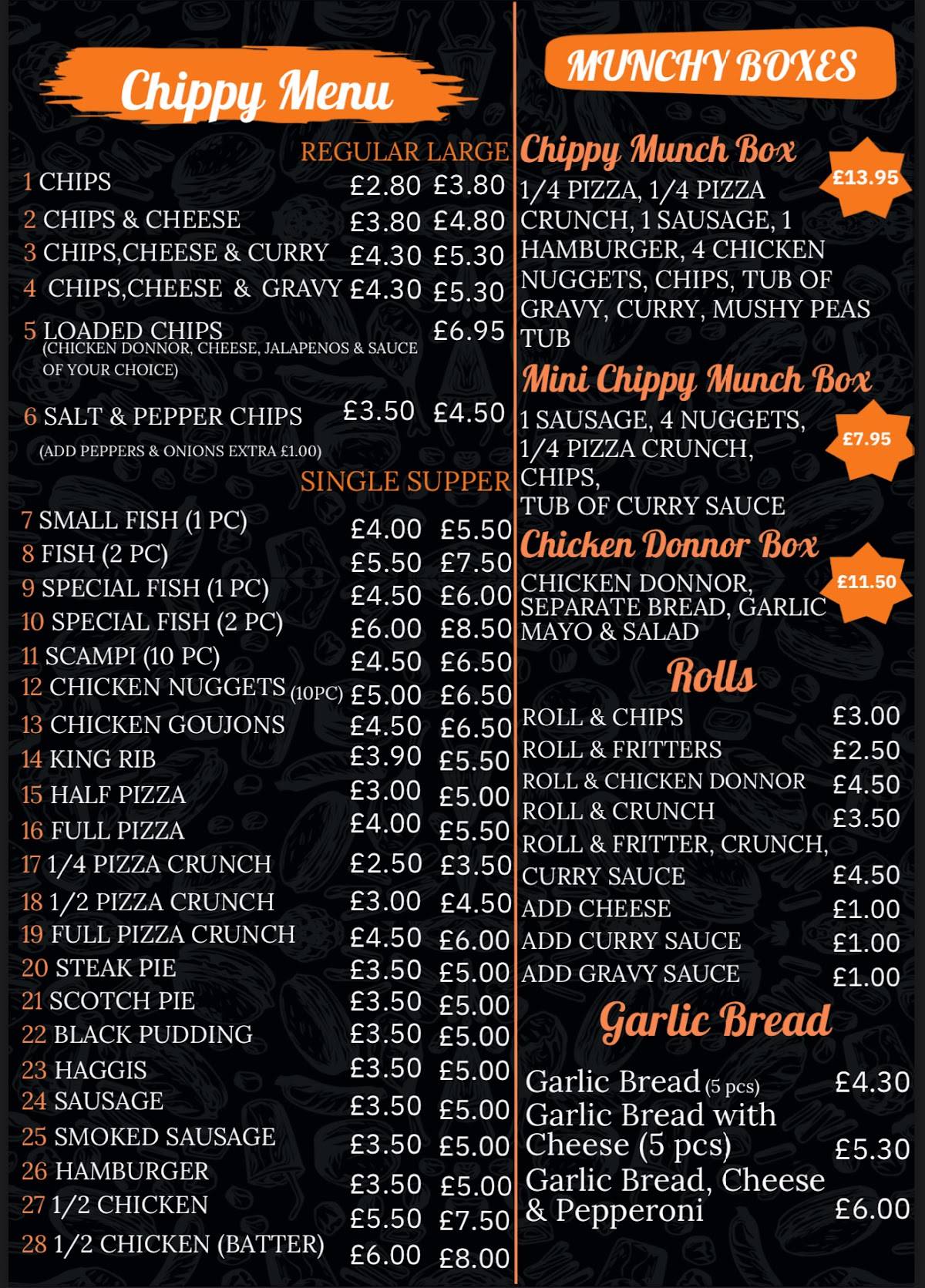 Menu at The Myres Chippy restaurant, Dumbarton