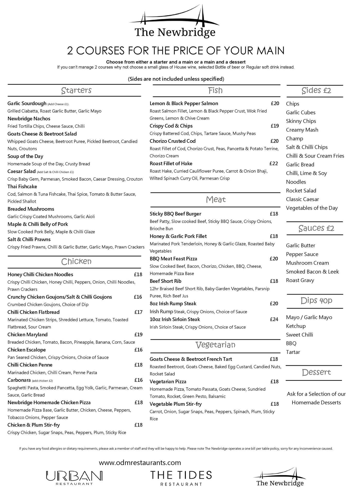 Menu at The Newbridge Restaurant, Coleraine