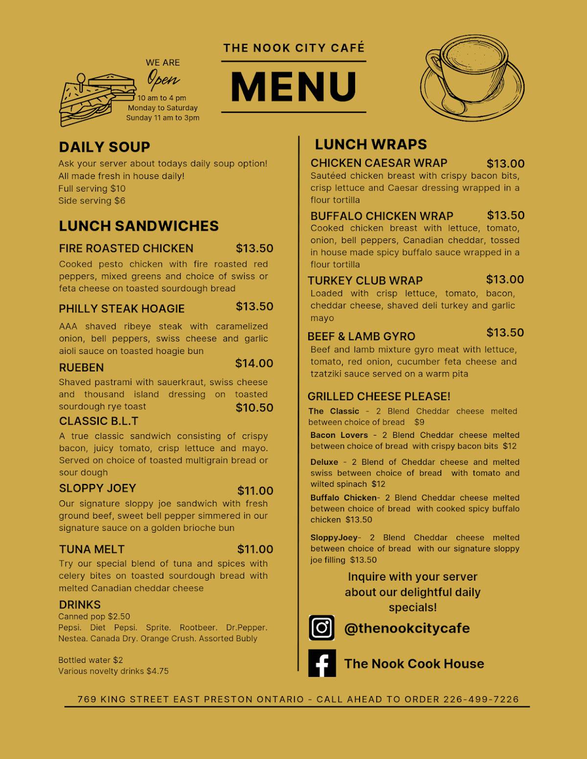 Menu at The Nook City Café, Cambridge