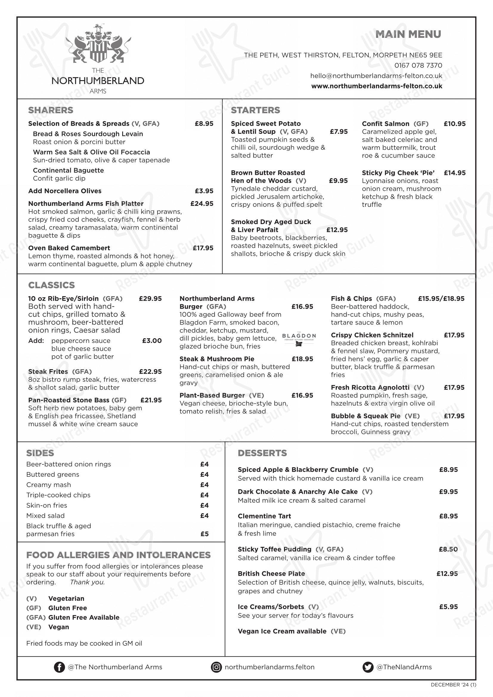 Menu at The Northumberland Arms pub & bar, Felton