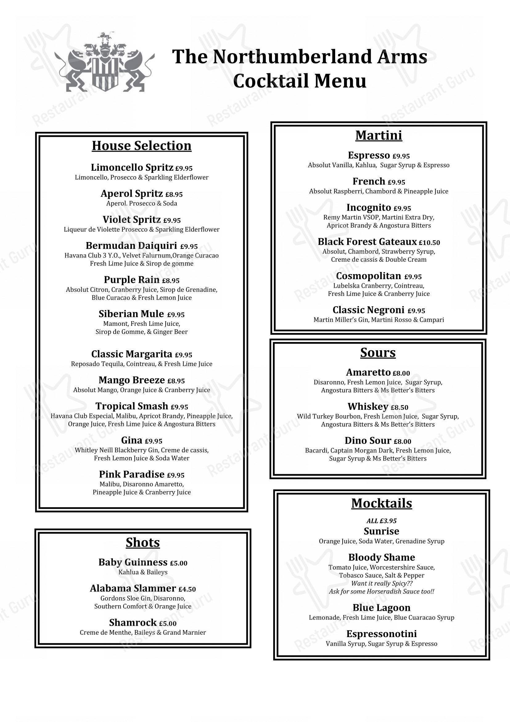 Menu at The Northumberland Arms pub & bar, Felton