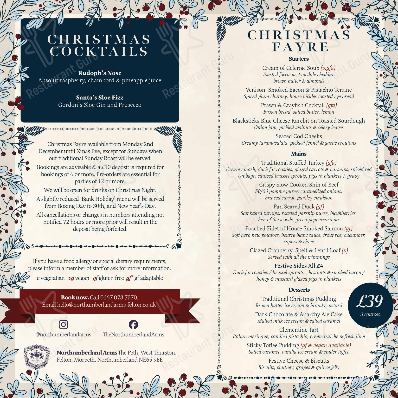 Menu at The Northumberland Arms pub & bar, Felton