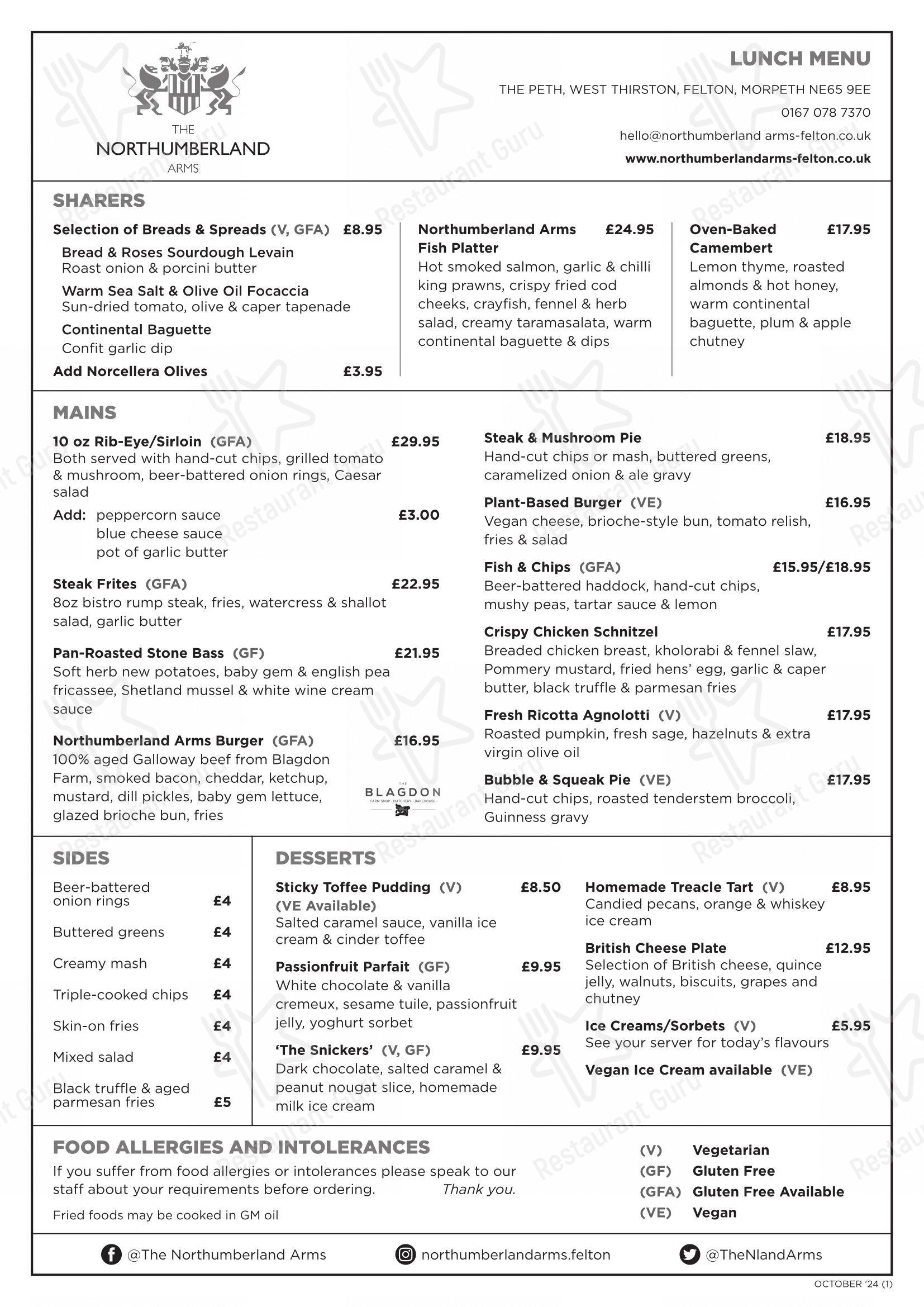 Menu at The Northumberland Arms pub & bar, Felton