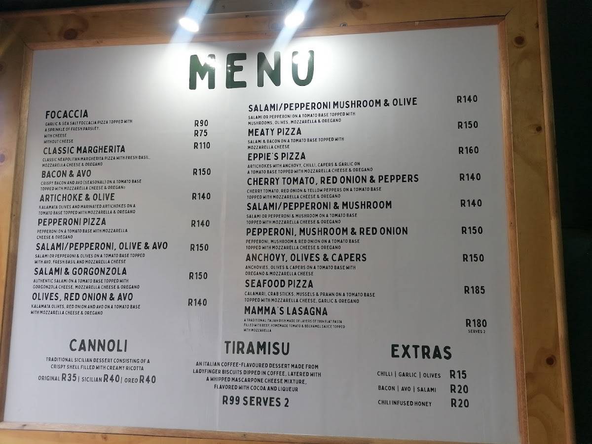 Menu at The Nose Pizza pizzeria, South Africa