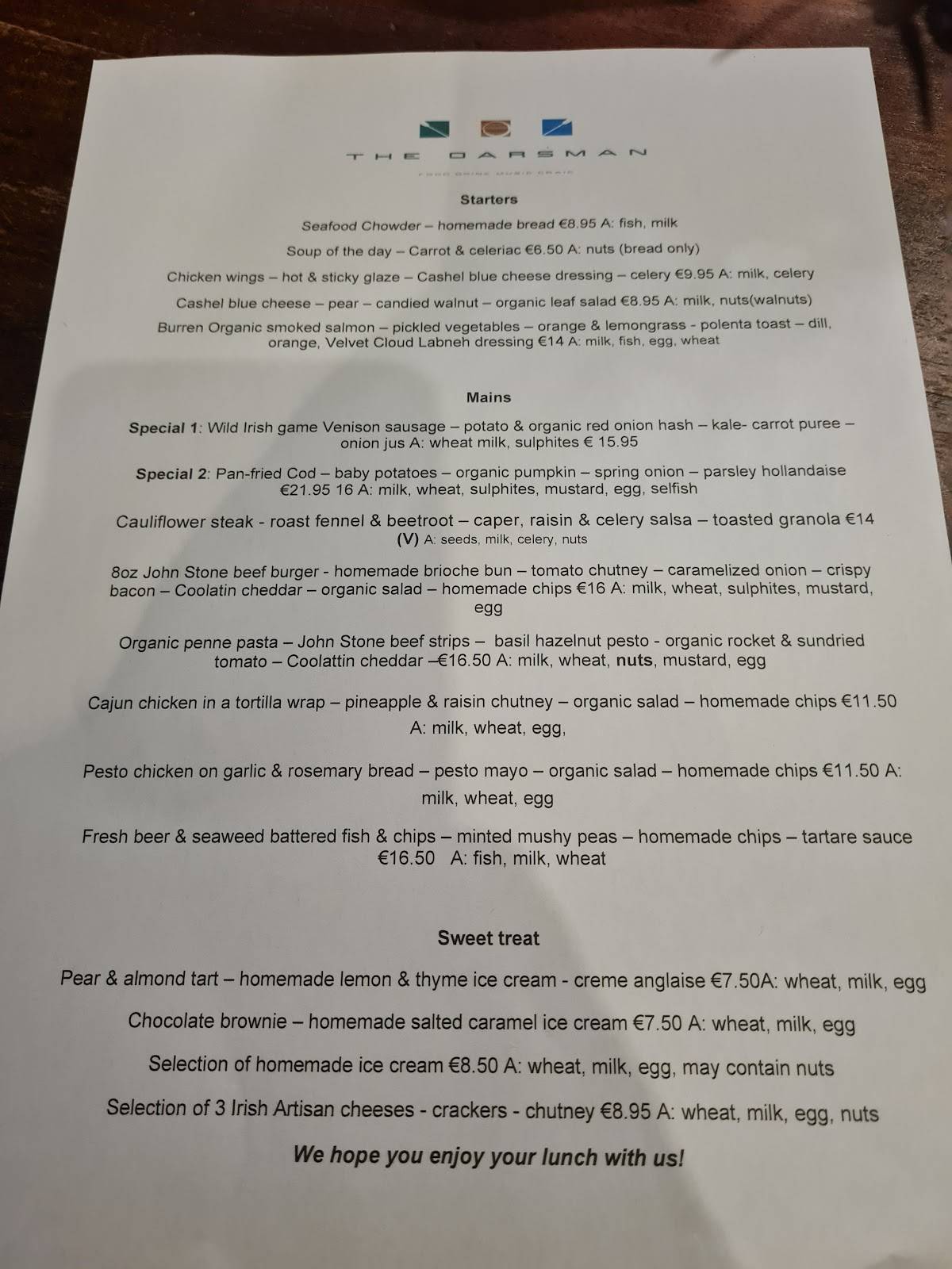 Menu at The Oarsman restaurant, Carrick-On-Shannon