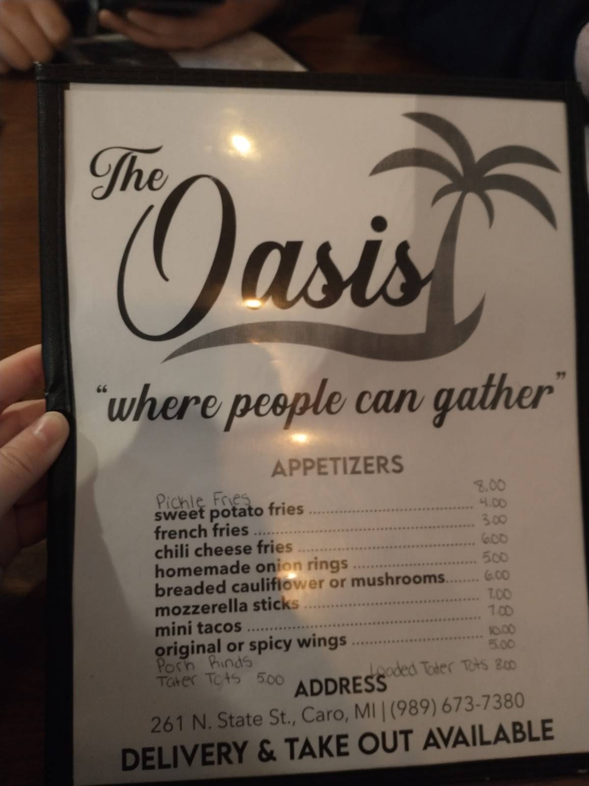 Menu at The Oasis restaurant, Caro