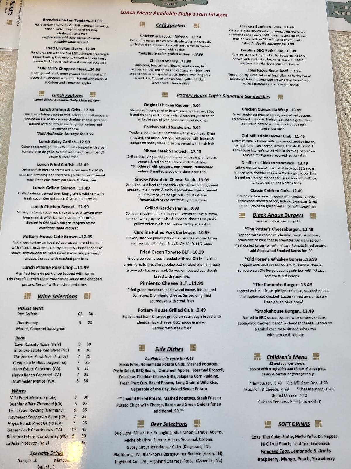 Menu at The Old Mill Pottery House Café cafe, Pigeon Forge, Old Mill St