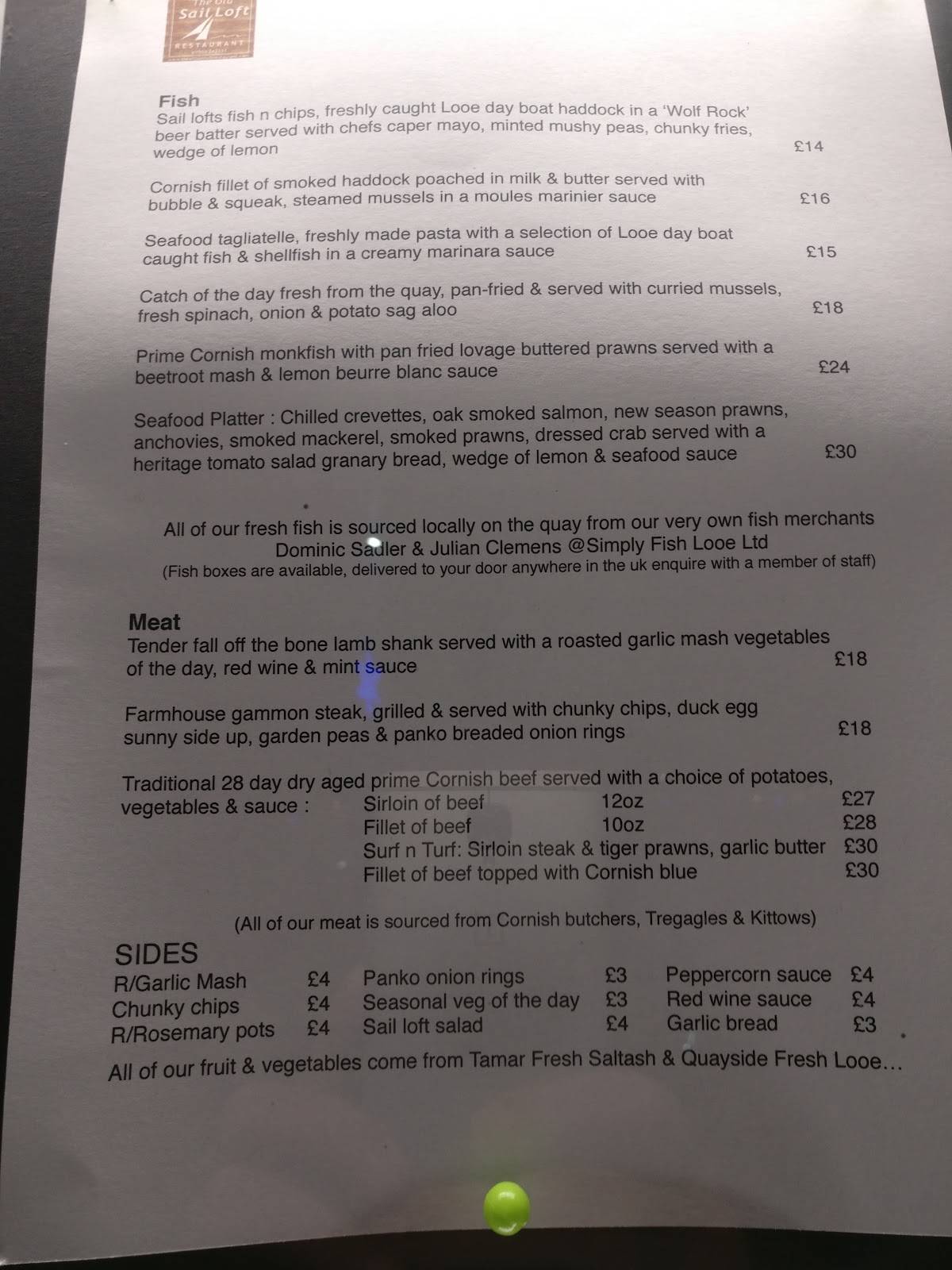 Menu at The Old Sail Loft Restaurant, Looe