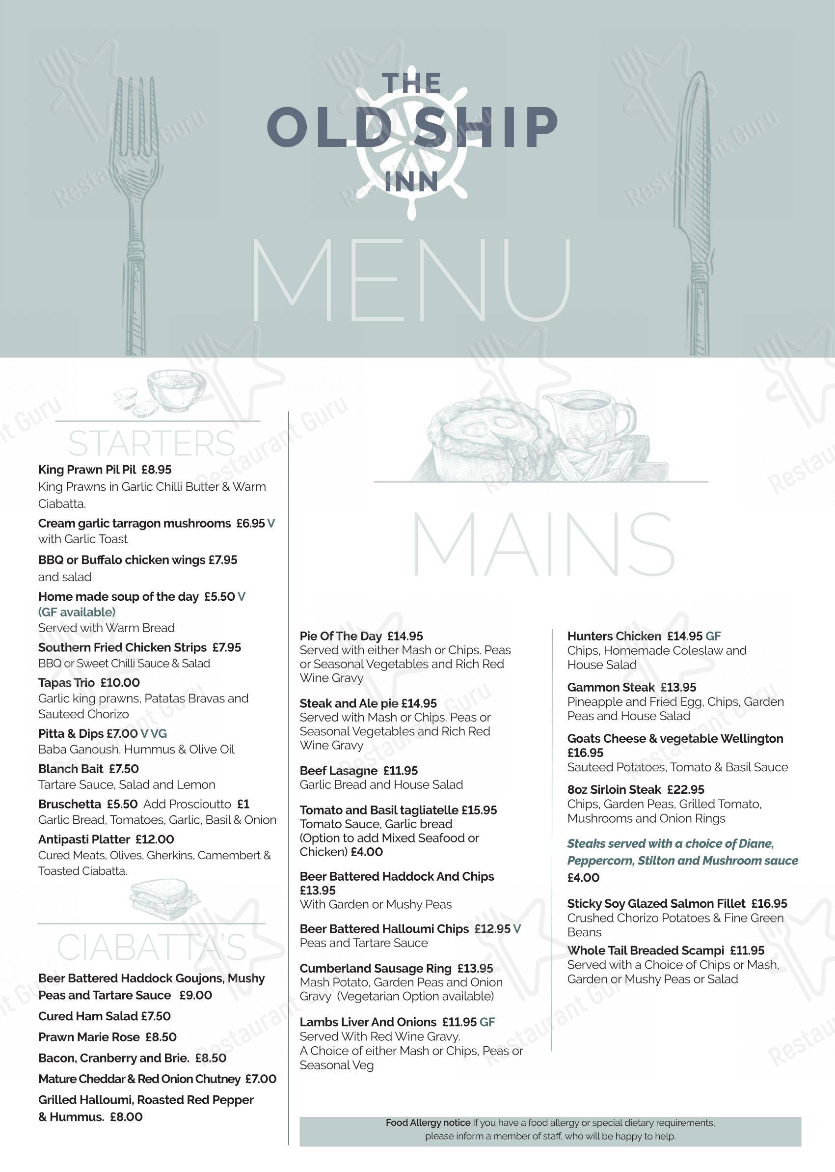Menu at The Old Ship Inn pub & bar, Lowdham