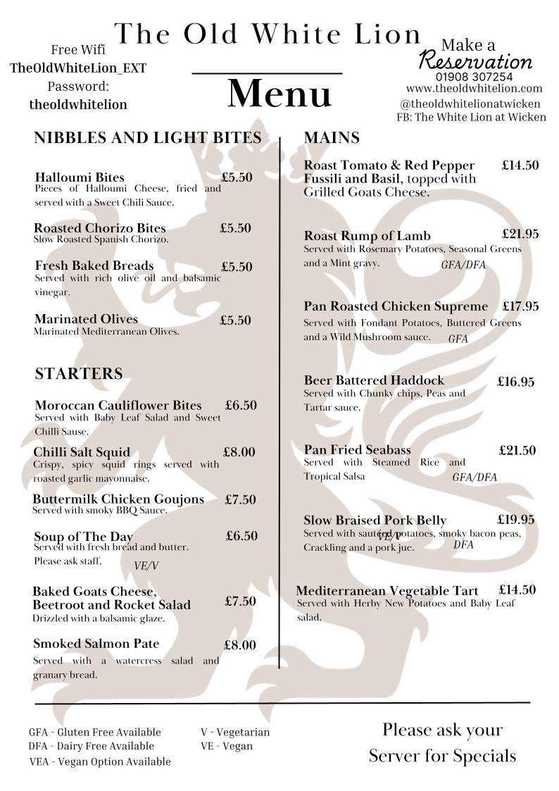 Menu at The Old White Lion at Wicken pub & bar, Wicken