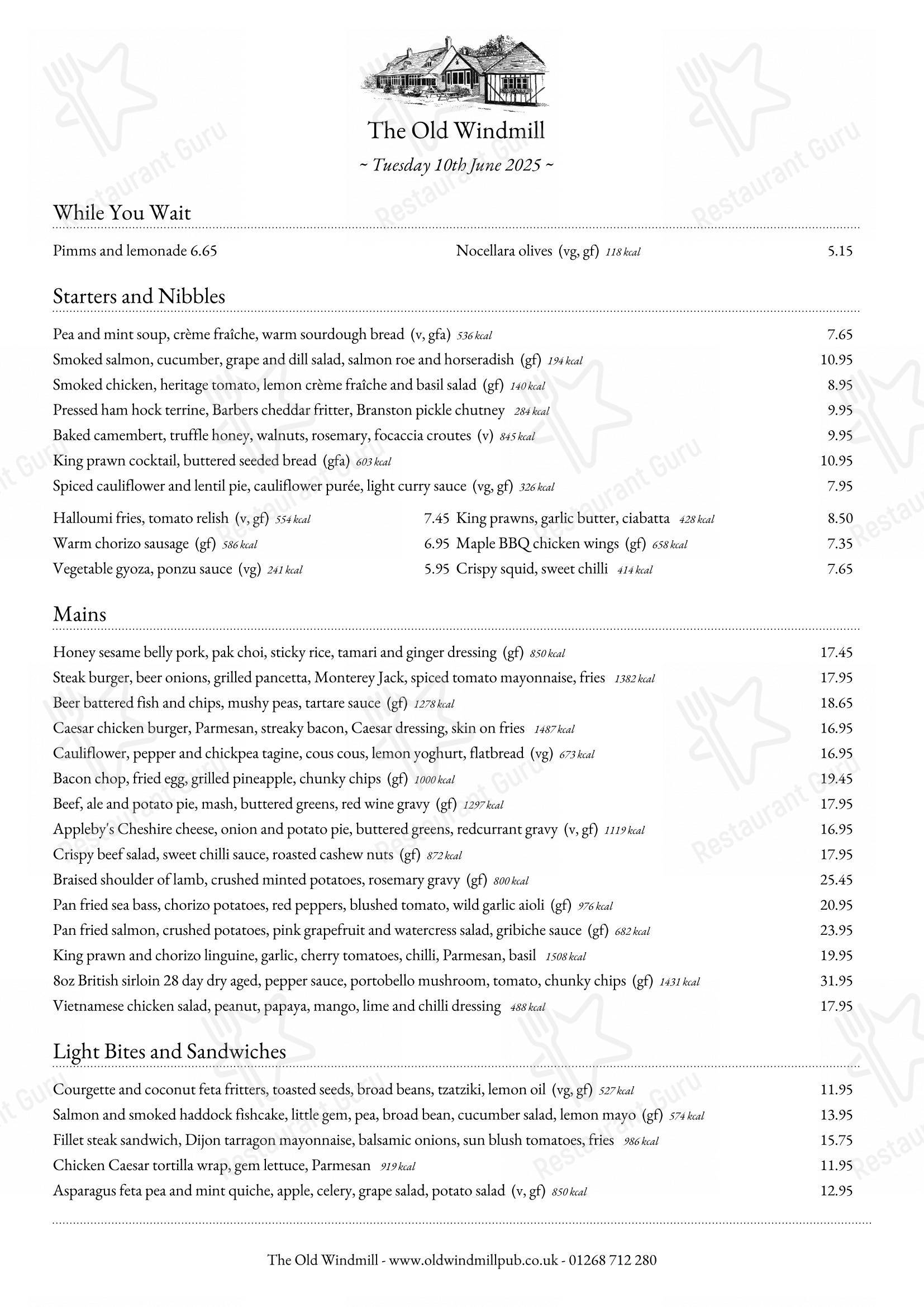 Menu at The Old Windmill pub & bar, Chelmsford