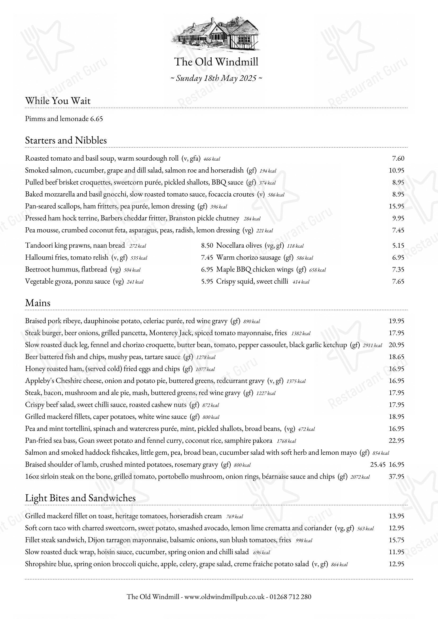 Menu at The Old Windmill pub & bar, South Hanningfield
