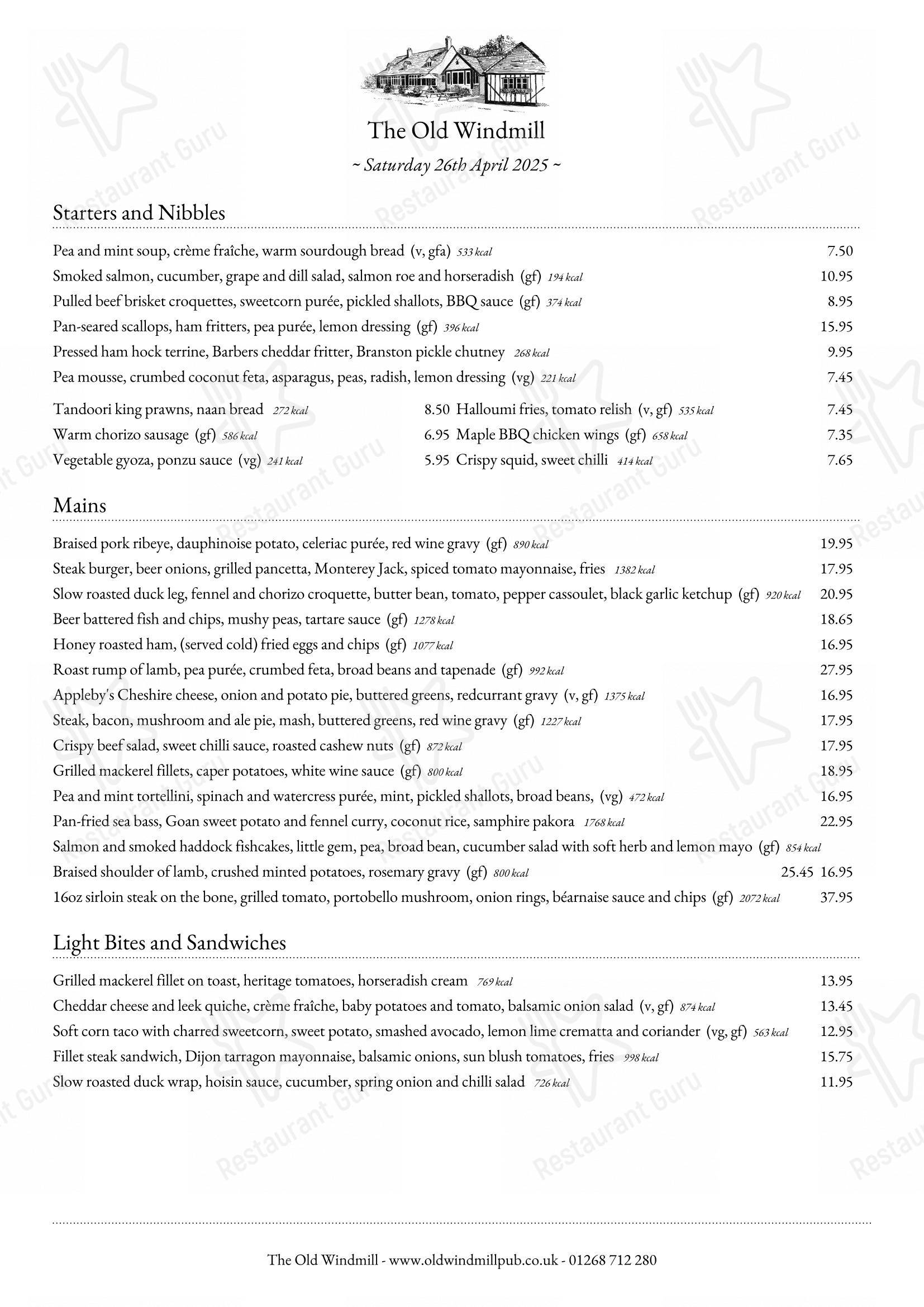 Menu at The Old Windmill pub & bar, South Hanningfield