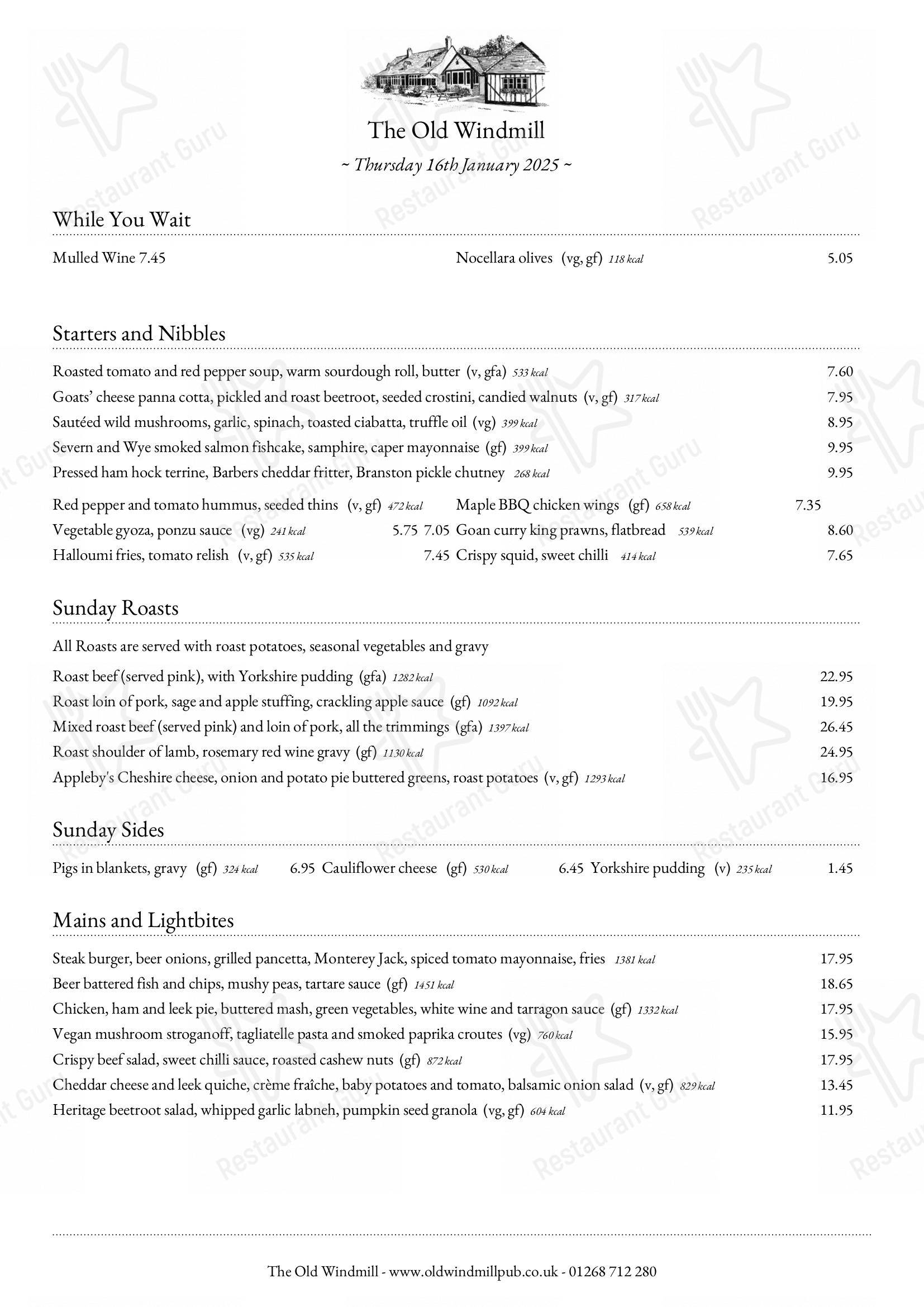 Menu at The Old Windmill pub & bar, South Hanningfield