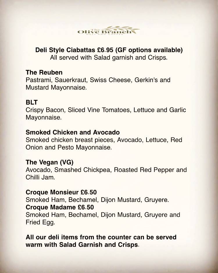 Menu at The Olive Branch cafe, Plymouth