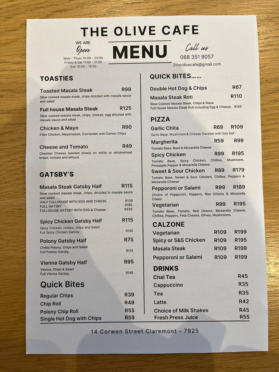Menu at The Olive Cafe - Claremont (Halaal), Cape Town