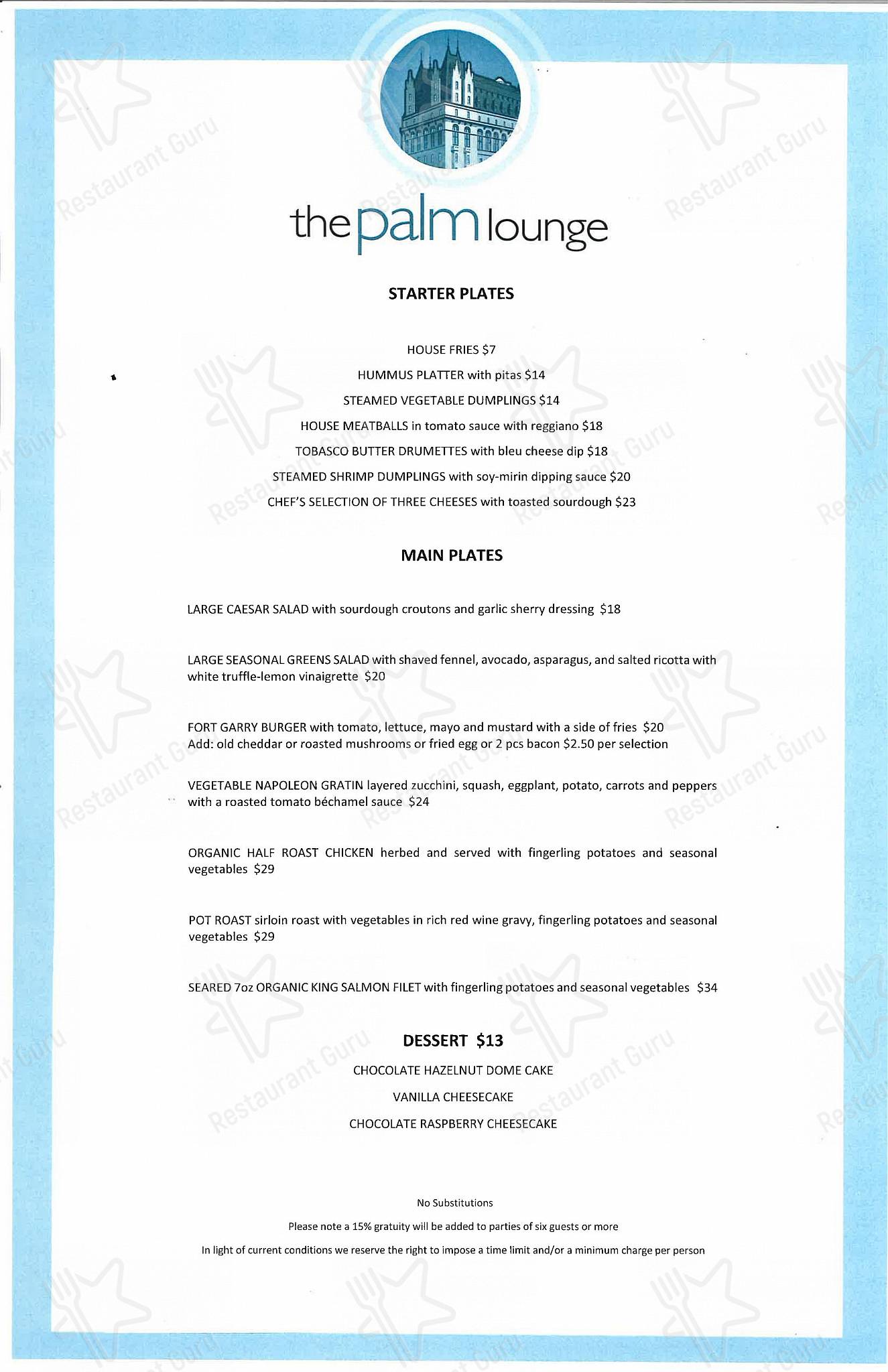 Menu au Oval Room Brasserie restaurant, Winnipeg