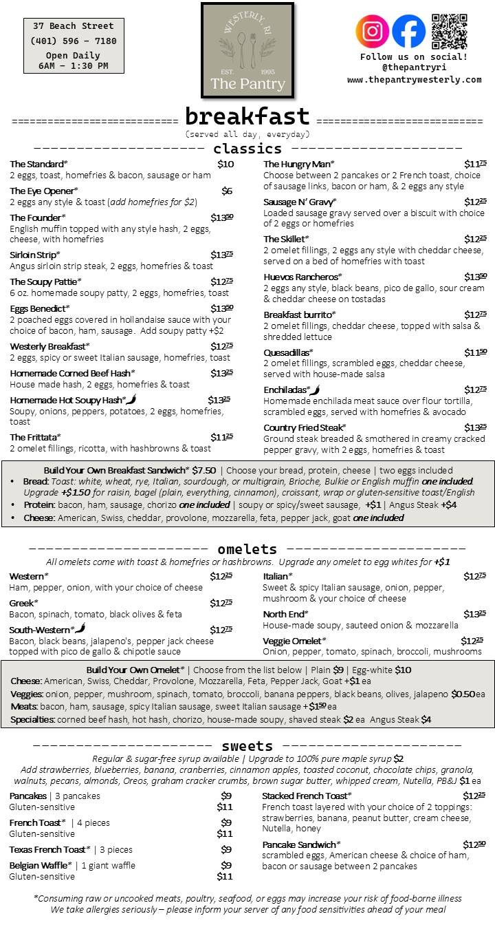 Menu at The Pantry restaurant, Westerly