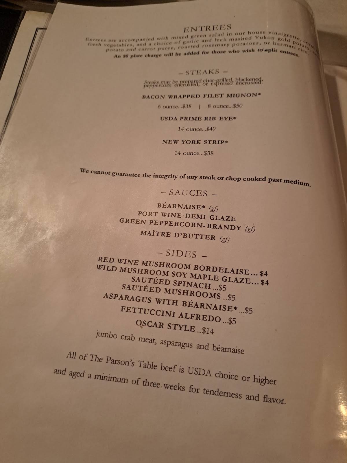 Menu at The Parson's Table steakhouse, Little River