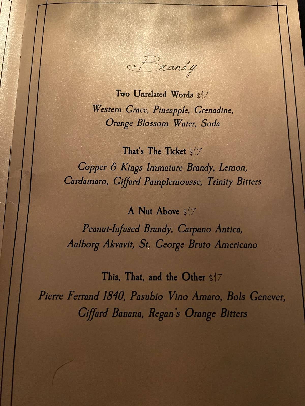 Menu at The Patterson House pub & bar, Nashville
