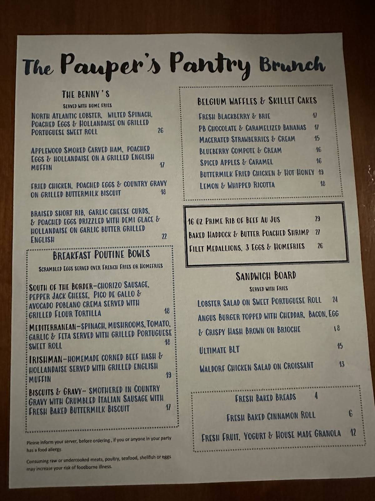 Menu at The Pauper's Pantry restaurant, Fitchburg