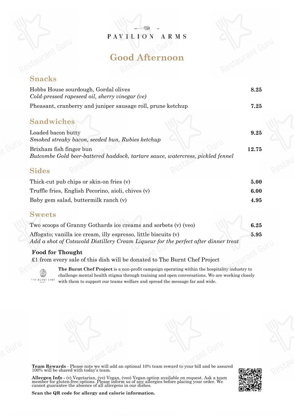 Menu at The Pavilion Arms restaurant, Bournemouth