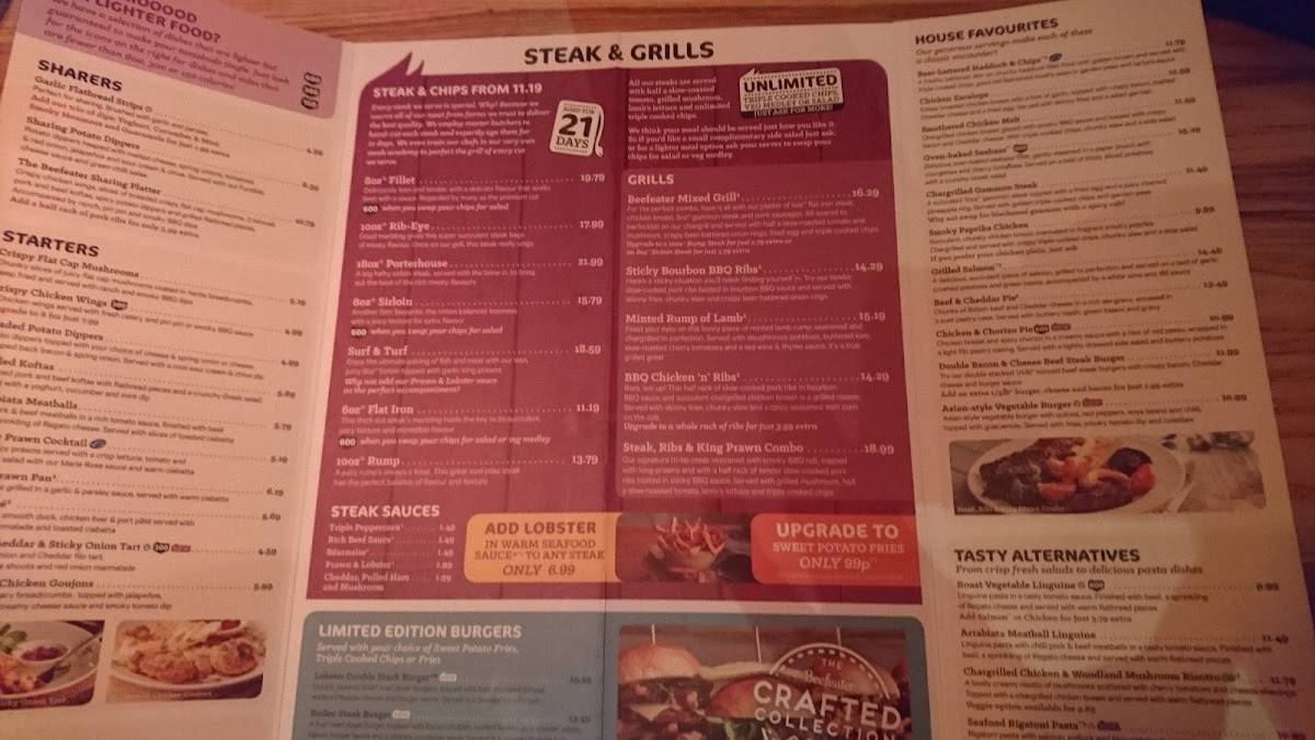 Menu at The Pavilion Beefeater steakhouse, Weston-super-Mare