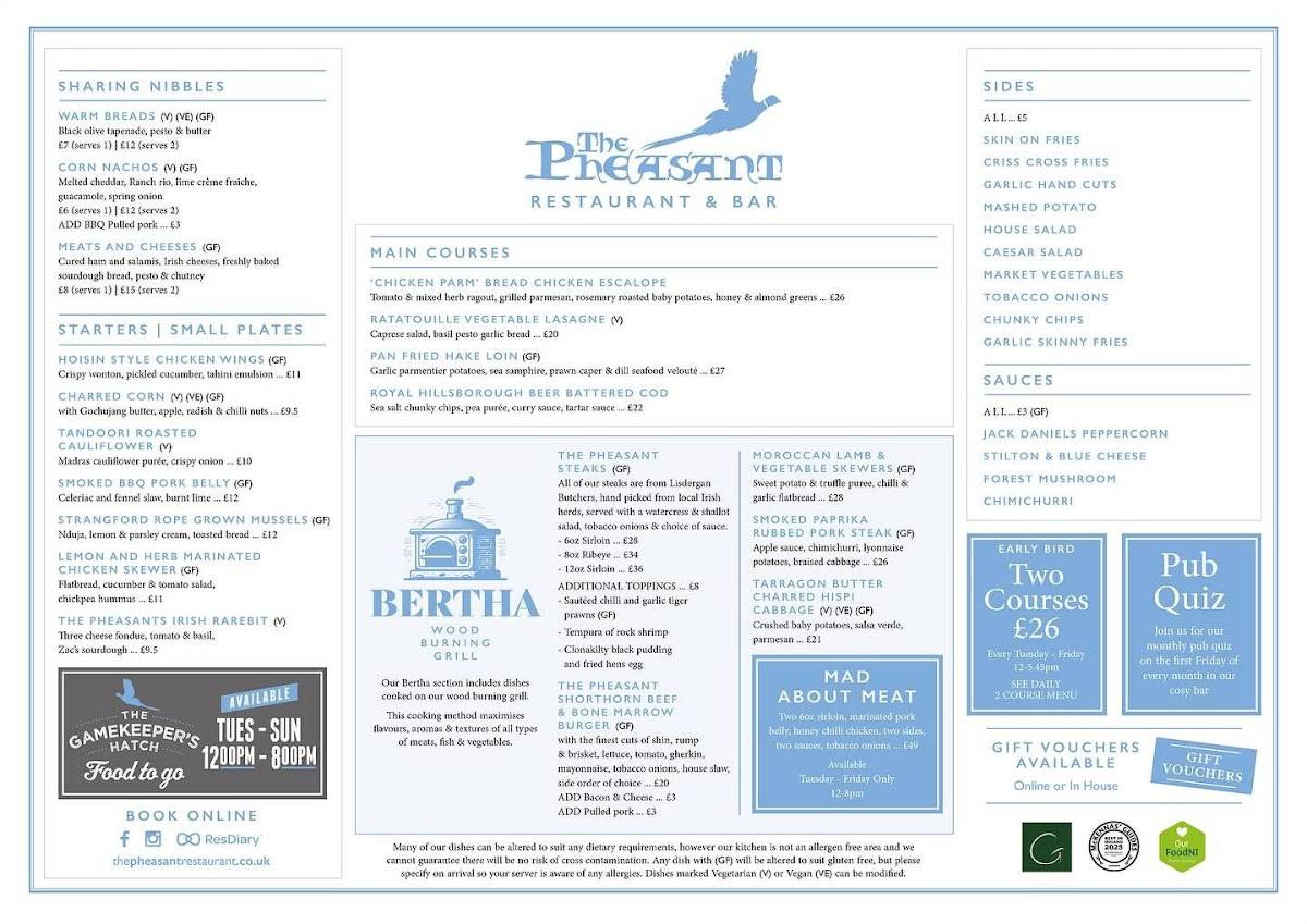 Menu at The Pheasant Restaurant, Annahilt, 410 Upper Ballynahinch Rd