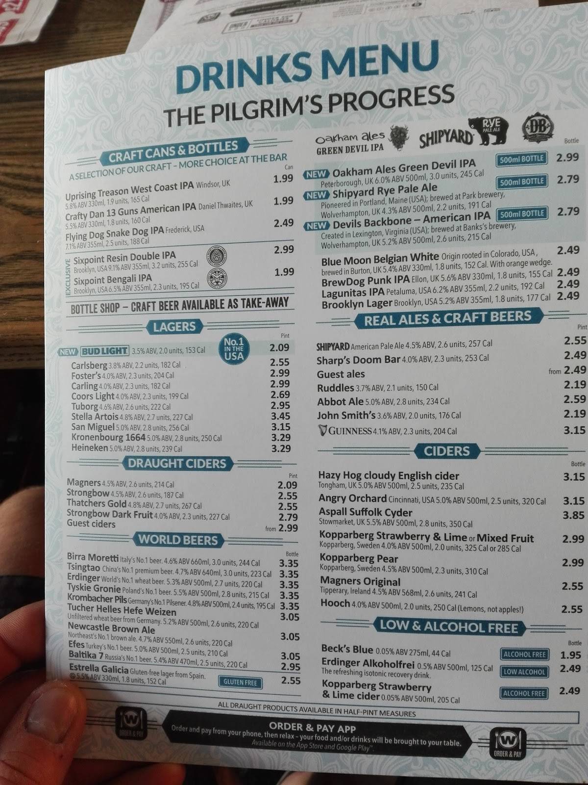 Menu at The Pilgrim's Progress - JD Wetherspoon pub & bar, Bedford