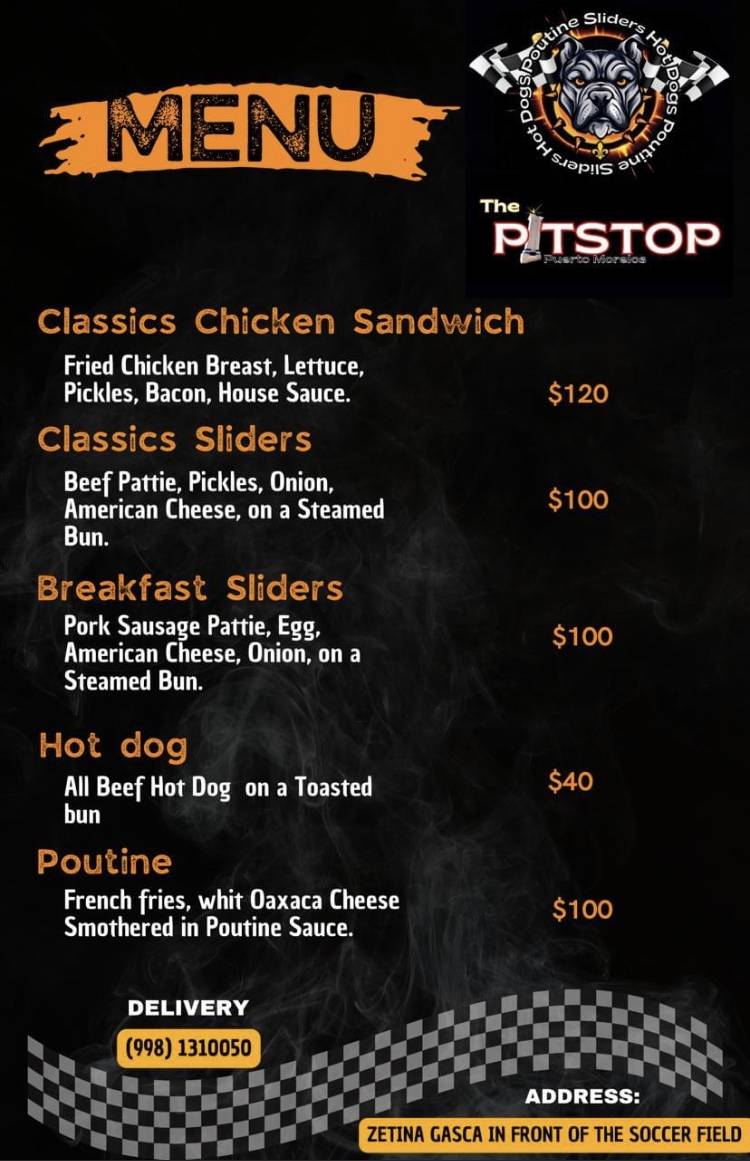Menu at The Pitstop Puerto Morelos restaurant, Puerto Morelos