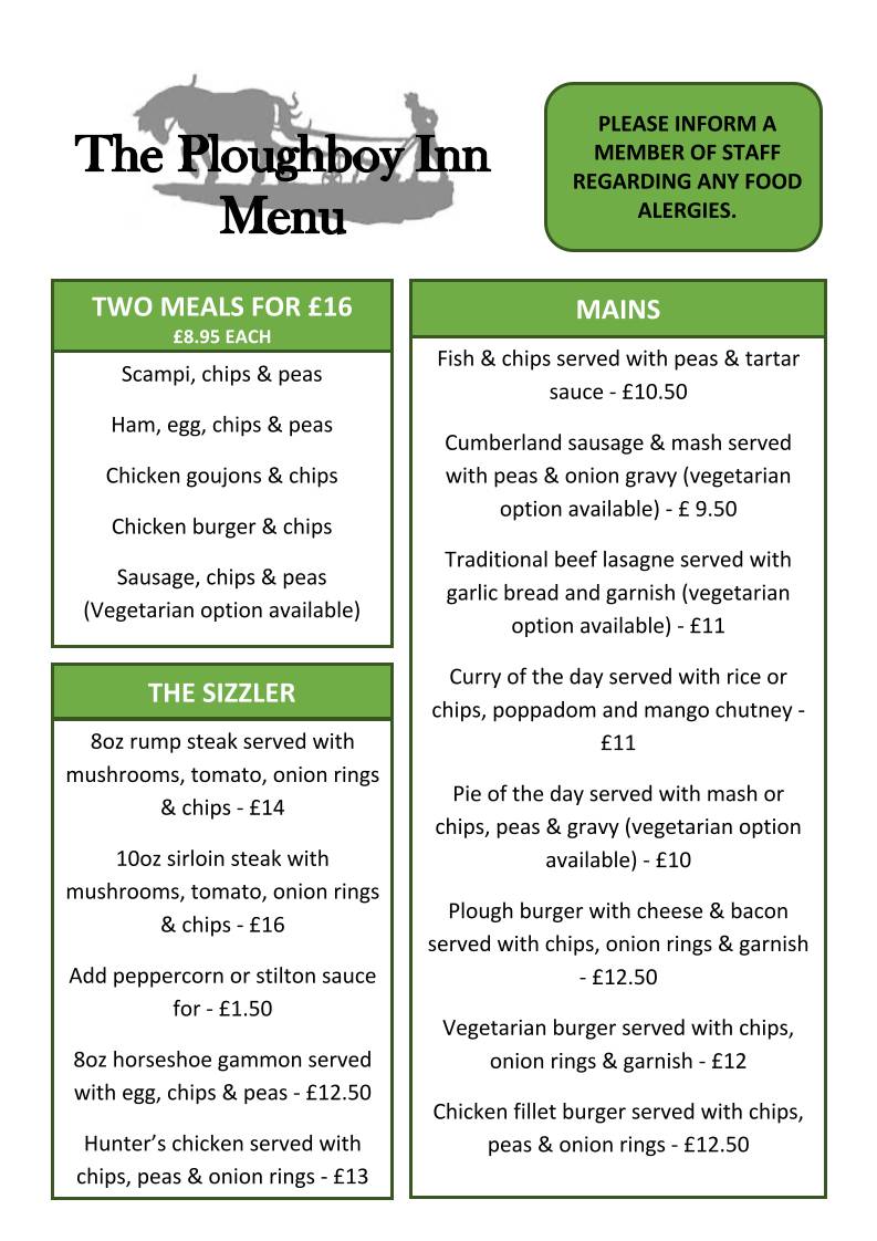 Menu at The Ploughboy pub & bar, Saltash