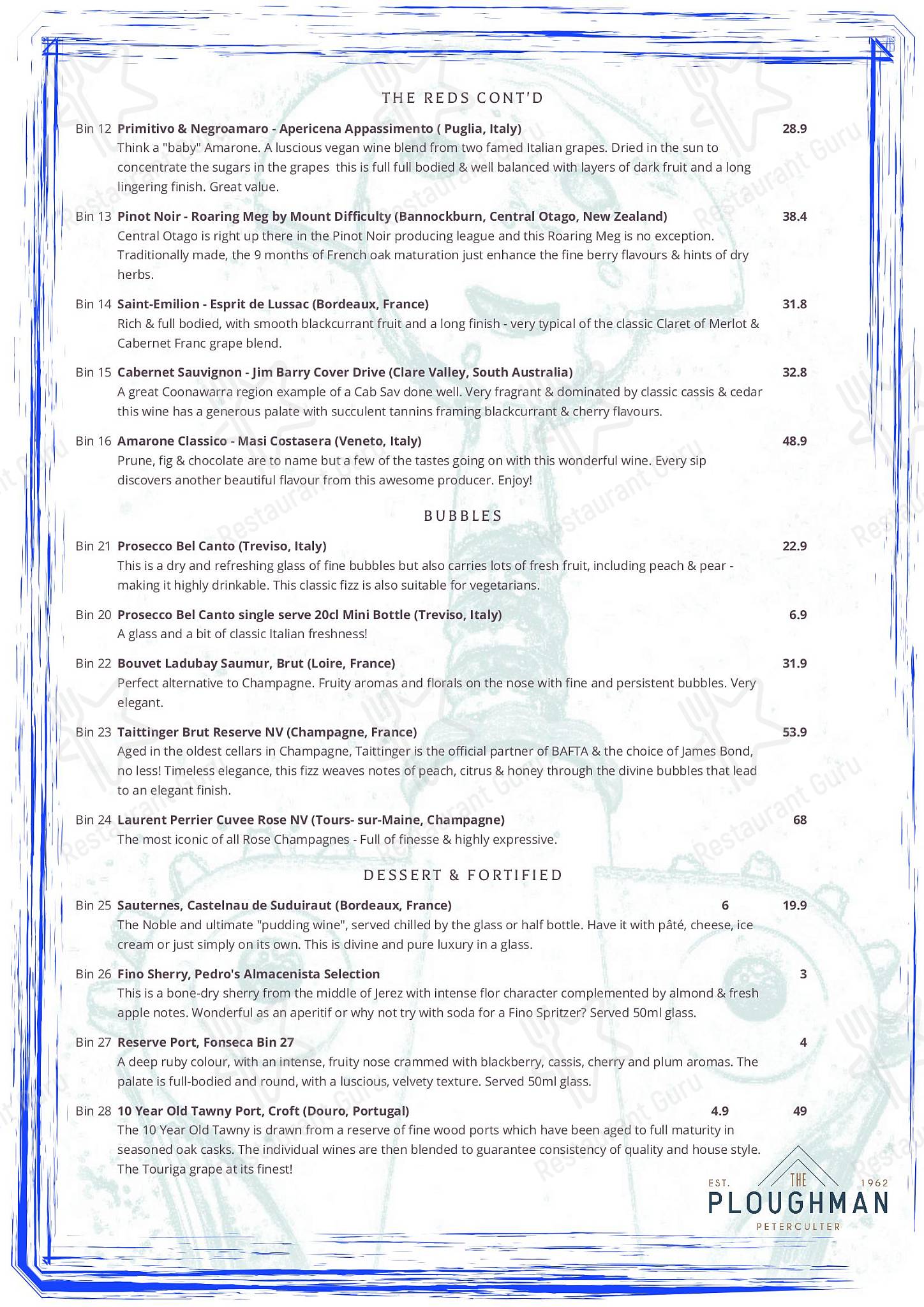 Menu at The Ploughman restaurant, Peterculter