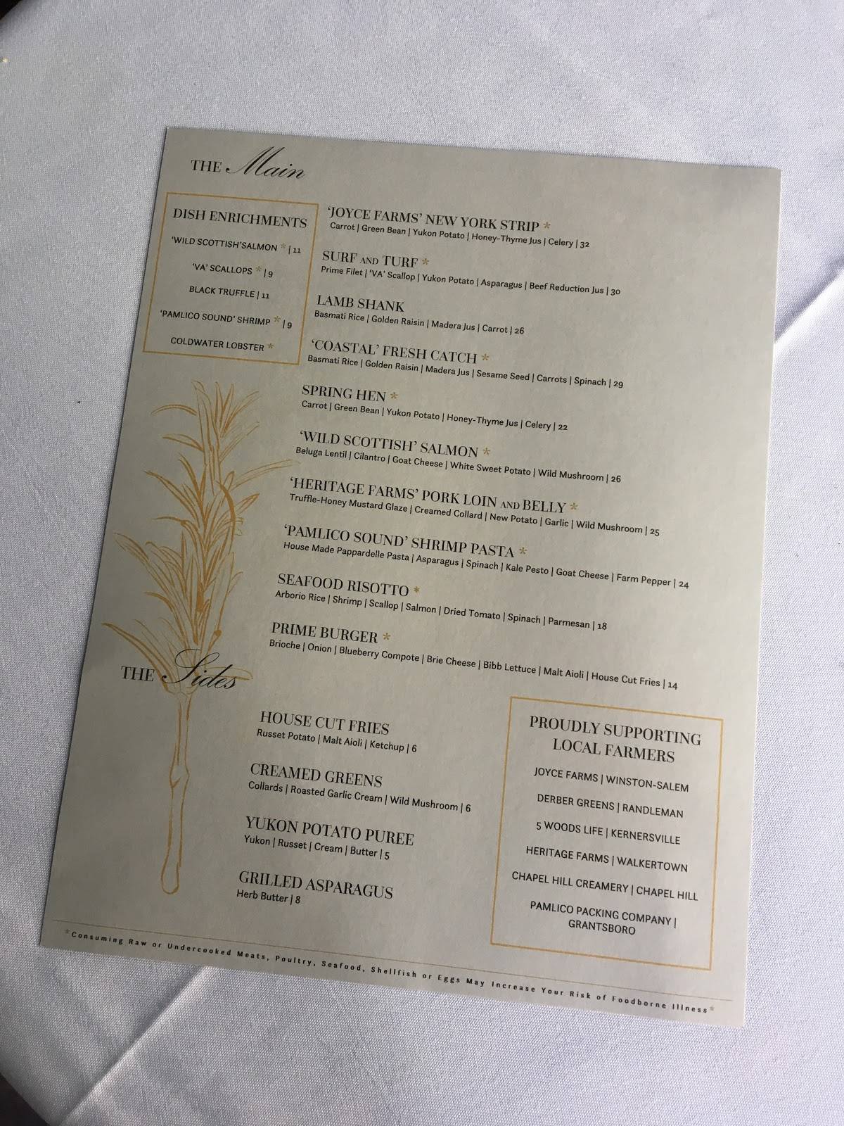 Menu at The Prescott restaurant, Kernersville