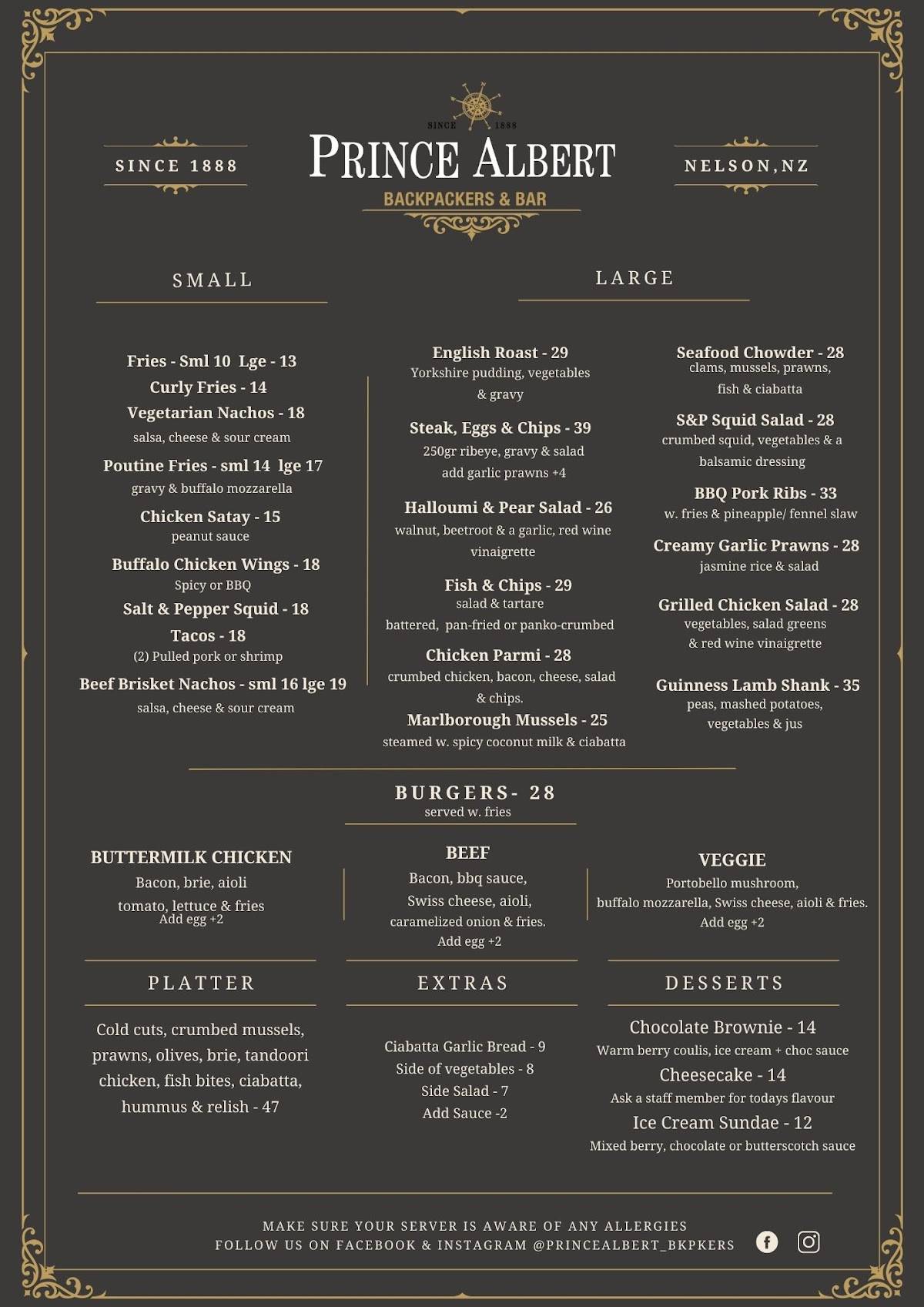 Menu at The Prince Albert restaurant, Nelson