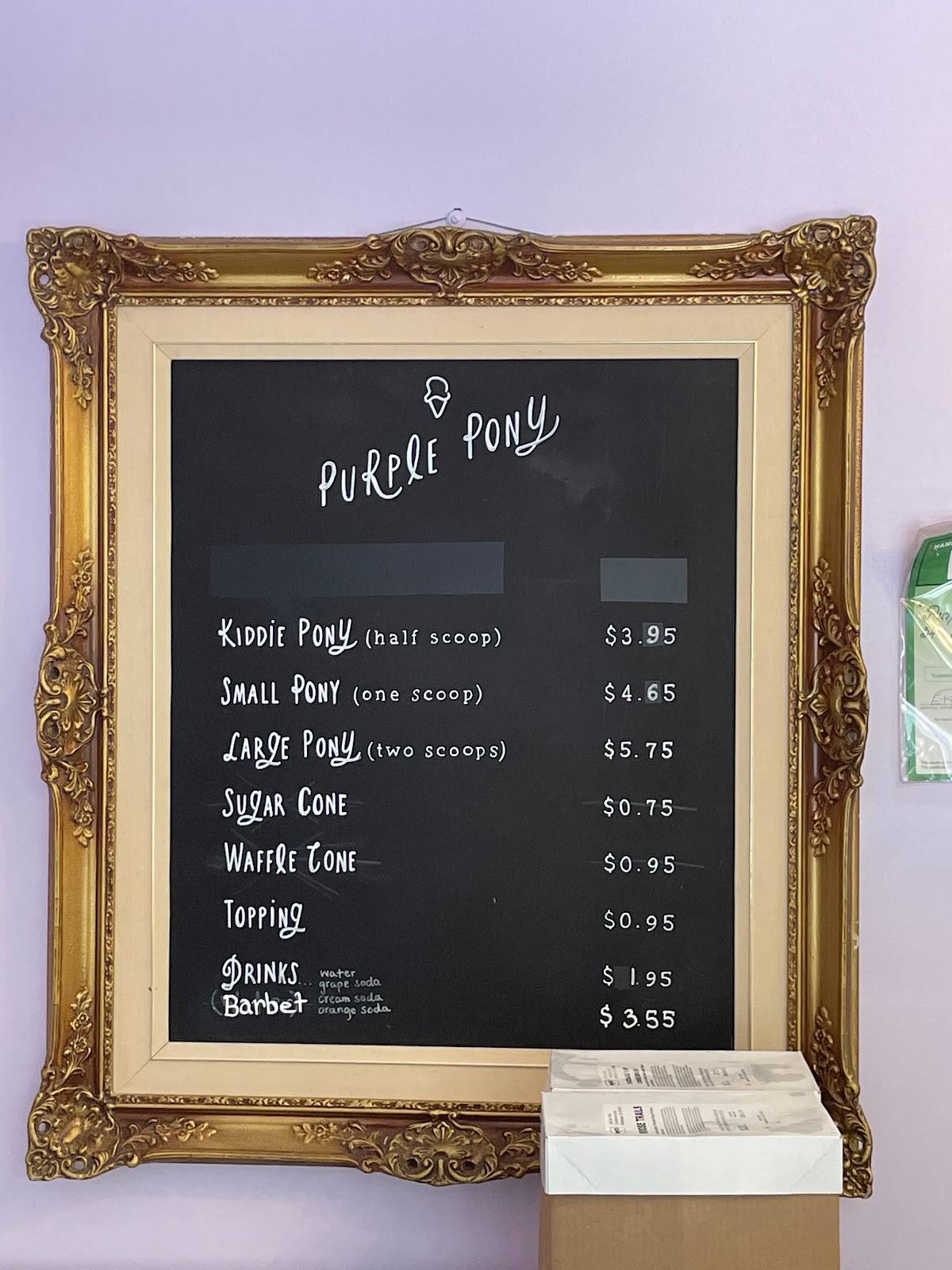 Carta de comida rápida The Purple Pony Ice Cream Shop, Hamilton